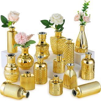 Nuptio Glas Vase Hochzeit Tischdeko: Satz von 15 Kleine Gold Glasvasen Mini Blumenvase Vintage Tischvasen Antik für Hochzeitsdeko Geburtstag Party Wohnzimmer