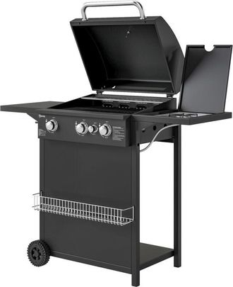 OUTSUNNY Barbecue gaz 3+1 br&ucirc;leurs avec couvercle 2 roues - 9,5 kW - 2 grilles chrom&eacute;es, &eacute;tag&egrave;res lat&eacute;rales, thermom&egrave;tre - noir