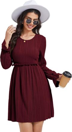 KOJOOIN Strickkleid Damen Rundhals Casual Midi Winterkleid Elegant Pulloverkleid A-Linie Pullikleid Weinrot XXL