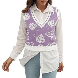 Generic D&eacute;bardeur &agrave; carreaux pour femme Col en V Sans manches Style r&eacute;tro, violet, S