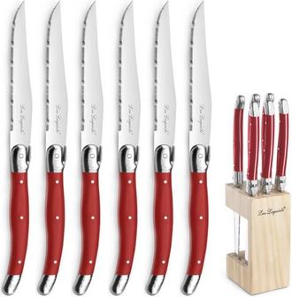 Lou Laguiole Bloc de 6 couteaux steak - Tradition - Acier inoxydable 18/0, Finition Brillante - Rouge