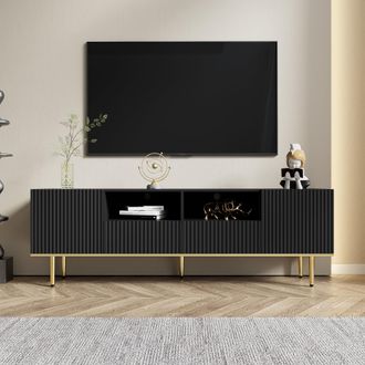 Generic Moderner TV-Schrank mit goldenen Füßen und Zierleisten, 2 Schubladen & 2 Fächer, Holzoptik, Elegantes Design für Wohnzimmer, passend für Fernseher bis