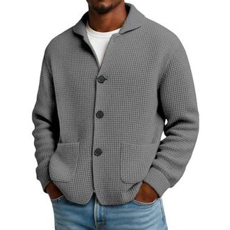 Generic Cardigan en tricot &eacute;pais pour homme avec col en V boutonn&eacute; et col ch&acirc;le gaufr&eacute; en coton tricot&eacute; &agrave; revers &eacute;pais - Pull &agrave; manches longues de couleur uni