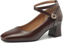 Generic Bout Carré Mary Janes à Talon Bloc Moyen avec Sangle de Cheville Ajustable et Boucle Dorée - Chaussures Élégantes pour Bureau et Occasions Formelles,M