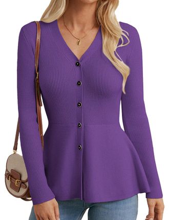 Grace Karin Pullover Damen Elegant V-Ausschnitt Knopfen Strickjacke Damen Elegant Business B&uuml;ro Strick Pulli Lila S