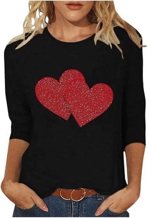 Generic T-shirt d&eacute;contract&eacute; &agrave; col rond et manches trois-quarts imprim&eacute; pour la Saint-Valentin 2026, Noir, M