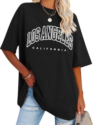 Dresswel T-shirt surdimensionné pour femme Los Angeles California Lettre imprimée Vintage T-shirt manches courtes col rond Haut dété ample Chemisier long Tuniq