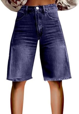 Generic Short en jean pour femme - Taille haute - Décontracté - Avec poches - Longueur genou - Léger et respirant - Bermuda court ample à jambe large - Pantal
