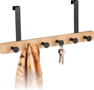 Relaxdays Türgarderobe, 6 Haken, Hakenleiste zum Einhängen, für 2 cm Tür, Bambus & Metall, Kleiderhaken, natur/schwarz