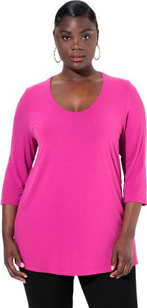 Ulla Popken Damen Shirt, tiefer Rundhalsausschnitt, 3/4 Arm, Magenta, 54/56