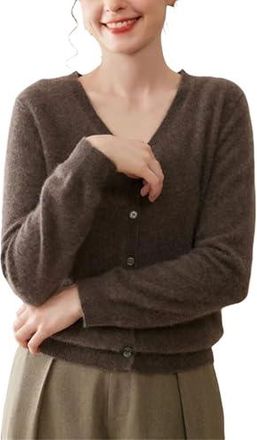 Generic Pull en cachemire doux &agrave; col en V pour femme - Cardigan en tricot - 100 % cachemire, Pince &agrave; caf&eacute; fleur, XS