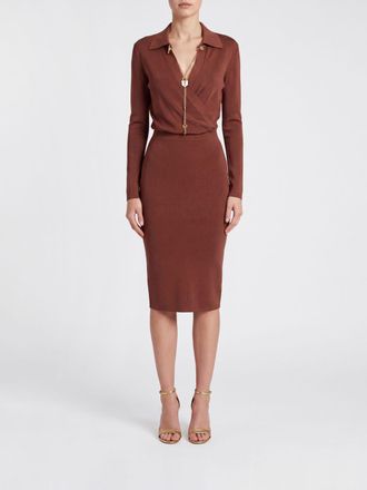 Elisabetta Franchi Robe fourreau midi en jersey avec col en V et manches longues