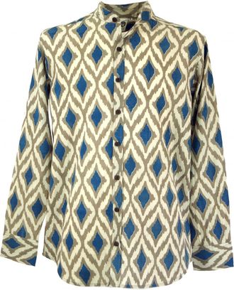 Guru Shop Freizeithemd, Goa Boho Hemd, Langarm Herrenhemd mit Afrikanischem Druck, Stehkragenhemd - Marine/Sand, Baumwolle, Size:S