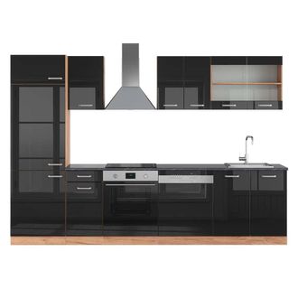 Vicco K&uuml;chenzeile R-Line, Schwarz Hochglanz/Goldkraft Eiche, 300 cm, AP Anthrazit