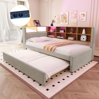 Merax Schlafsofa 90x200 cm, mit Ausziehbett 90x190 cm, LED-Leuchten, Steckdosen & USB/Type-C-Anschlüssen, Polsterbett mit viel Stauraum & Ablagefächern, Fla