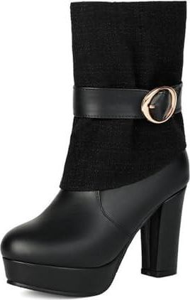Generic Bottines compensées à bout rond pour femme - Talons hauts - Doublure en fausse fourrure - Fermeture éclair - Confortables et tendance, Noir, 37.5 EU