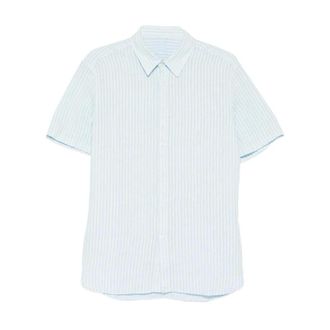 120% Lino Chemise boutonn&eacute;e &agrave; manches courtes en lin ray&eacute; - Homme - Chemises - Bleu - Taille: S