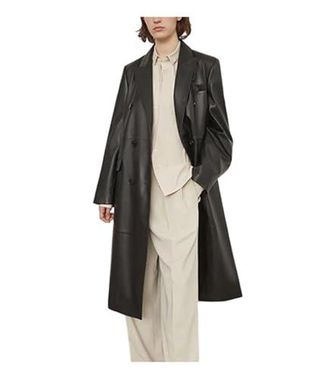 Generic Trench en peau de mouton v&eacute;ritable pour femme - Veste longue en cuir kaki &agrave; revers crant&eacute; dautomne &agrave; double boutonnage, Noir, M