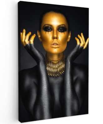 MuchoWow Leinwand Bilder, Einzigartige Wanddeko mit Rahmen, Frau - Porträt - Gold - Luxus - Schwarz, Wandbilder Wohnzimmer, Deko Schlafzimmer 80x120 cm
