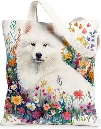Generic Sac fourre-tout en toile motif chien samoy&egrave;de de printemps 33 x 38,1 cm, sac r&eacute;utilisable &agrave; motif imprim&eacute; aquarelle pour femme, animal domestique, pei
