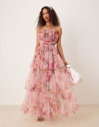 Lace & Beads Robe bandeau longue en tulle imprim&eacute; fleuri - Rose vif