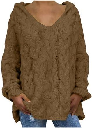 Generic Pull dhiver chaud pour femme de No&euml;l 2025 - Pull &agrave; capuche surdimensionn&eacute; en tricot torsad&eacute; - Col en V - Manches longues - Pull ample pour femme, caf&eacute;