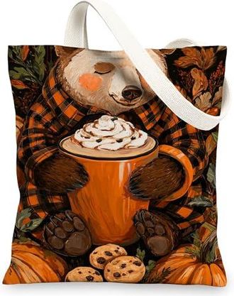 Generic Sacs fourre-tout en toile motif ours mignon, sacs à provisions réutilisables, design dautomne confortable, léger, lavable, Orange, 13x15 Inch