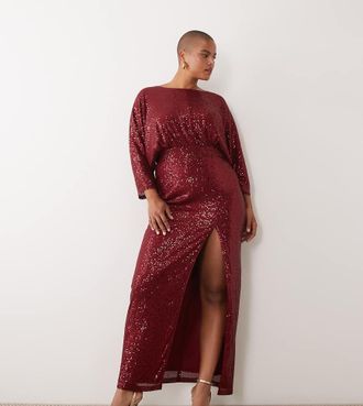 Tfnc Plus robe longue en tulle &agrave; sequins, manches kimono, fente haute, bordeaux-Rouge