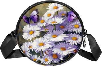 Generic Petit sac &agrave; bandouli&egrave;re circulaire pour femme, motif marguerites, papillons, sac &agrave; dos &agrave; bandouli&egrave;re avec fermeture &eacute;clair, bretelles r&eacute;glables, sac &agrave;
