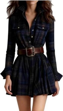 Generic Mini robe chemise vintage &agrave; carreaux pour femme, robe trap&egrave;ze &agrave; manches longues boutonn&eacute;e et ceinture avec poches, noir fonc&eacute;, XXL