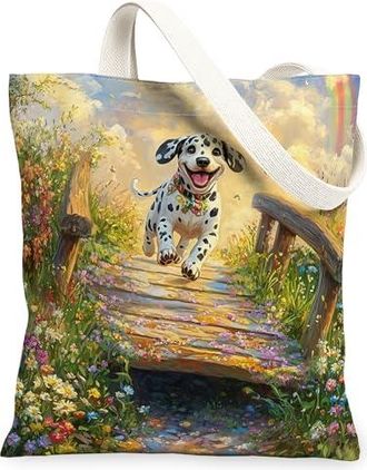 Generic Sac fourre-tout en toile motif chien dalmatien printanier, 33 x 38,1 cm, sac d&eacute;picerie r&eacute;utilisable pour femme, motif floral, plage, esth&eacute;tique, peint