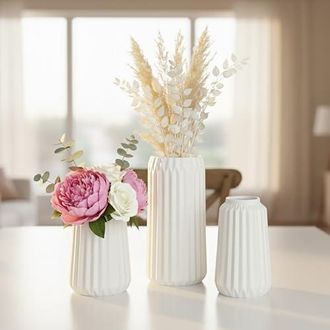 Relaxdays Vasen 3er Set, Blumenvasen, 3 versch. Gr&ouml;&szlig;en, Frisch- & Trockenblumen, Dekovase aus Keramik, Tischdeko, wei&szlig;