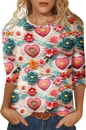 Generic T-shirt &agrave; col rond et manches trois-quarts pour la Saint-Valentin 2026, Rouge, XXL