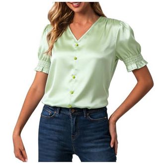 Generic Chemisier en satin &eacute;l&eacute;gant pour femme - Col en V - Manches courtes - Tunique d&eacute;t&eacute; - &Eacute;l&eacute;gant et ample - Manches courtes - D&eacute;contract&eacute; - Soyeux - Satin,