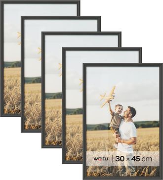 Woltu Bilderrahmen 30x45cm 5er Set Fotorahmen Holzrahmen mit Passepartout, zum vertikalen oder horizontalen Aufhängen/Aufstellen, Posterrahmen Collage Wandd