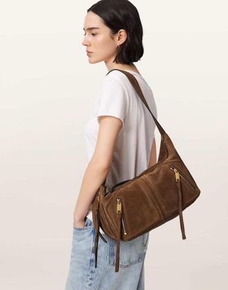 AllSaints Jean Rey - Schultertasche aus Wildleder in Zuckerbraun