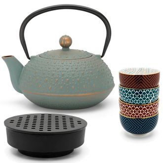 Bredemeijer Teekanne 0.9 Liter - kleine blaue Asia Gusskanne im Set mit 4 Tassen aus Porzellan & St&ouml;vchen inkl. Edelstahl-Tee-Filter-Sieb Einsatz