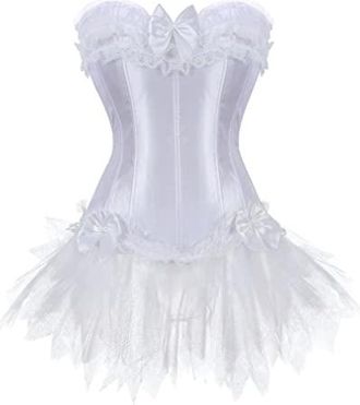 Grebrafan Corset Bustier Zip avec Jupe en Tulle Tutu Gothique (EUR(32-34) S, Blanc)