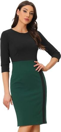 Allegra K Robe Crayon élégante pour Femmes col Rond Manches 3/4 Contraste Robes Fourreau de Bureau Vert XL
