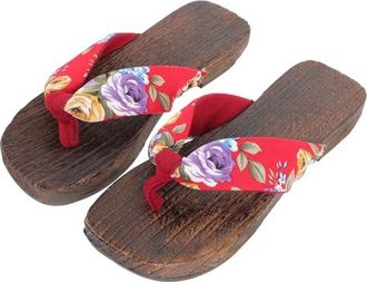 Valiclud Sabots Japonais Bois pour Femmes Sandales Style Japonais L&eacute;g&egrave;res et Confortables Chaussures pour Marche et D&eacute;tente Motif Floral Rouge