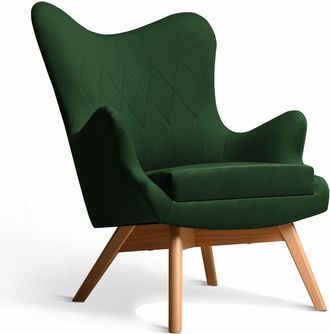 MG Design Ohrensessel aus Samt in Dunkelgr&uuml;n - Bequemer Polstersessel mit Holzbeinen, hoher R&uuml;ckenlehne & weichem Samtbezug f&uuml;r Wohnzimmer oder Schlafzimme