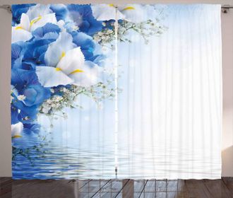 Abakuhaus Blau und weiß Rustikaler Vorhang, Hortensien Iris, Wohnzimmer Universalband Gardinen mit Schlaufen und Haken, 280 x 225 cm, Weiß Gelb