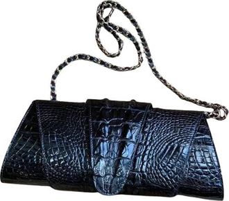 Generic Pochette pliable pour femme en cuir dalligator v&eacute;ritable, style crocodile authentique, noire, 29 cm (longueur) x 14 cm (hauteur) x 4 cm (profondeur), 