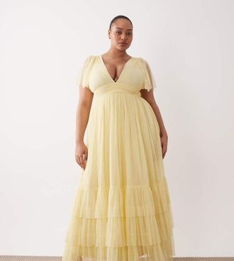 Lace & Beads Plus Linvit&eacute;e - Madison - Robe longue avec manches &eacute;vas&eacute;es - Citron-Jaune