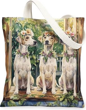 Generic Sac fourre-tout en toile motif chien whippet printanier 33 x 38,1 cm, sac r&eacute;utilisable &agrave; motif imprim&eacute; de plantes en pot pour femme, animal de compagn