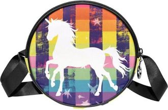 Generic Sac &agrave; bandouli&egrave;re rond pour femme, motif licorne arc-en-ciel ray&eacute;, petit sac &agrave; dos avec fermeture &eacute;clair, bretelles r&eacute;glables, sac &agrave; main rond d&eacute;contr