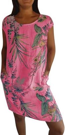 Generic Robe d&eacute;t&eacute; mi-longue en coton et lin &agrave; manches courtes et poches pour femme, style boh&egrave;me, ample, ample, col rond, motif floral, robe d&eacute;t&eacute;, robe ample,