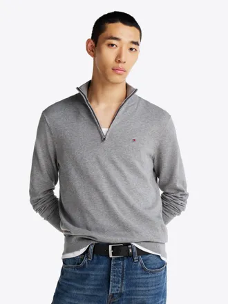 Tommy Hilfiger Troyer TOMMY HILFIGER ESSENTIAL COTTON ZIP MOCK, Herren, Gr. XXL, grau (medium grau heather), Strick, Obermaterial: 100% Baumwolle, regular fit, Pullo