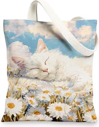 Generic Sacs fourre-tout en toile florale, motif chat, sacs dépicerie légers et lavables, sacs dépicerie vintage artistiques, réutilisables, sacs en toile, bl