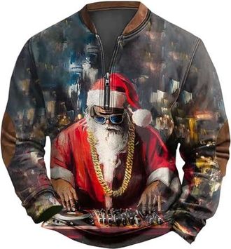 Generic Pull à col rond pour homme - Style décontracté - Imprimé Père Noël 3D - Fermeture éclair - Manches longues - Pull dhiver - Coupe ajustée, gris, 3XL